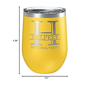 Personalized 12oz (17 Colors) Powder Coated Stainless Steel Stemless Wine Tumbler with Lid, Custom Etched, Customized Gift for Women Her, Wine Lover, Halpert Monogram Initial Name (Yellow)