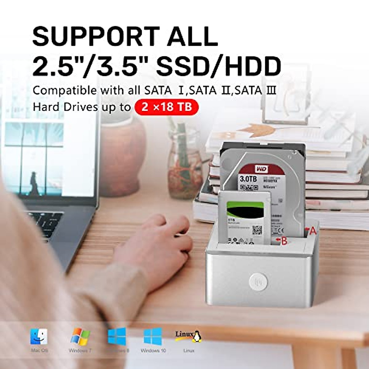 Unitek Aluminum USB 3.0 to SATA Dual Bay External Hard Drive Docking Station with UASP for 2.5 / 3.5-inch HDD SSD, Hard Drive Duplicator/Offline Clone Function (2 x 18TB Support)-Silver