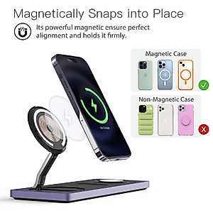 PETINO 3 in 1 Magnetic Wireless Charger Foldable, Mag-Safe Charger Stand, Mag-Safe Wireless Charging Station for Apple Devices, iPhone 15/14/13/12 Series, Apple Watch Series, AirPods Pro(Purple)