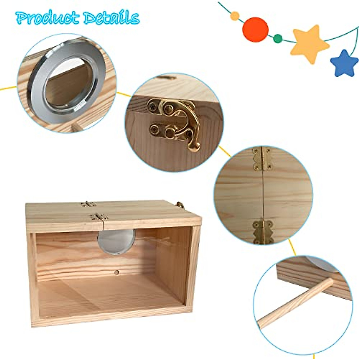 MUYG Transparent Parakeet Nesting Box,Wooden Parrot Nest Breeding Box with Perch Natural Bird House for Cage Suitable for Lovebirds Cockatiels Canaries