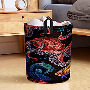 Laundry Basket Hamper with Handles Ocean Octopus Waves Fish Canvas Freestanding Dirty Clothes Hampers Waterproof Lightweight Large Storage Basket for Bedroom Dorm Clothes Towels Toys Organizer