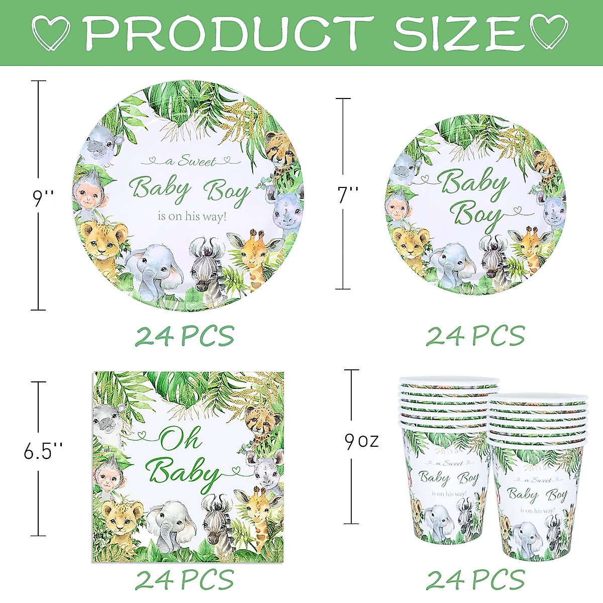 Jungle Safari Baby Shower Decorations Tableware Set Serves 24, Green Animals Paper Plates, Napkins, Paper Cups for Baby Boy Wild One Birthday Baby Shower Party Supplies