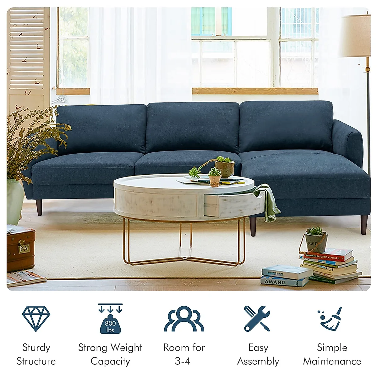 Giantex Sectional Sofa Couch Set, 3-Seat Sofa with Chaise Lounge, Modern L-Shaped Sofa Set for Living Room Apartment Office, Easy Assembly (Navy Blue)