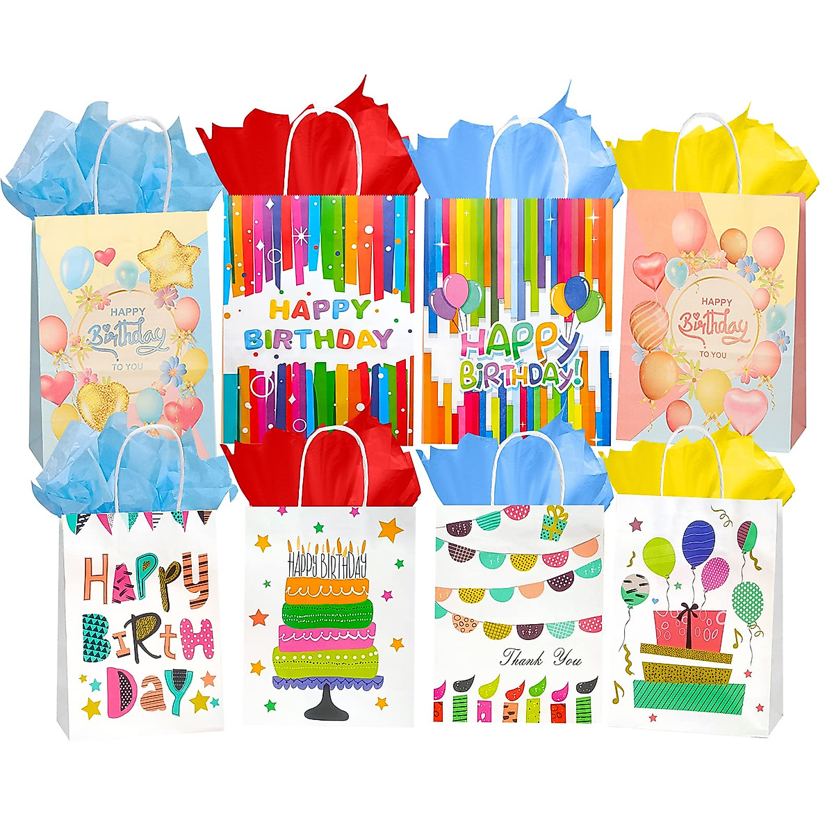 Colodeol 16 PCS Birthday Gift Bags with Handle and Tissues, Gift Bags Assorted Sizes, Medium, Small Size Gift Bag for Kids, Boys, Girls, Women and Men’ Birthdays Party
