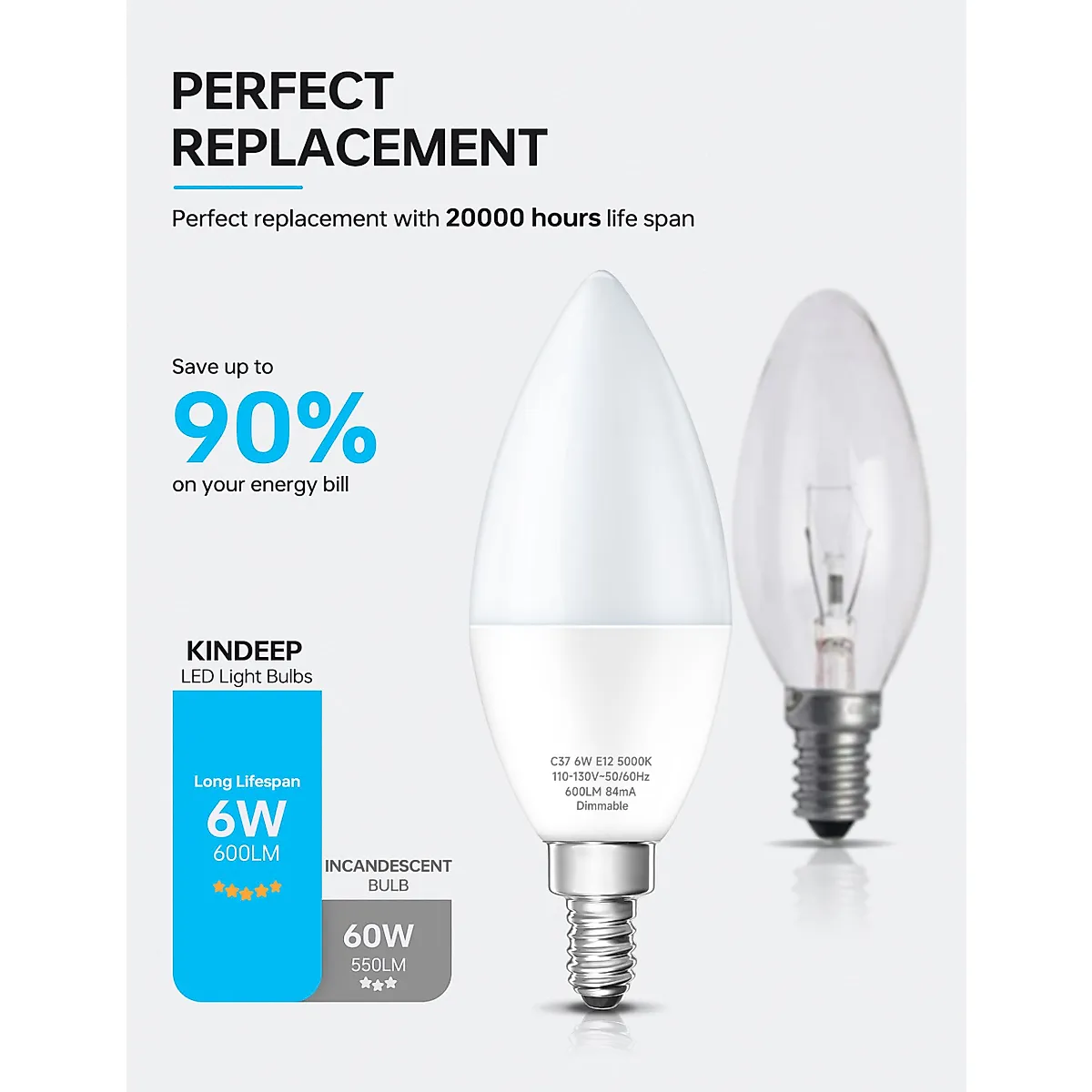 KINDEEP LED Candelabra Light Bulbs Dimmable 60 Watt Equivalent, Daylight 5000K, 600LM, E12 Candle Bulb Base 6W Ceiling Fan Lightbulbs Type B Bulb for Chandelier, Wall Sconces, 6 Pack