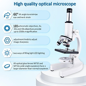 Microscope for Kids，40X-2000X Compound Microscope Mobile Phone Adapter with Microscope Slide Microscope kit for Home School Laboratories for Children Students