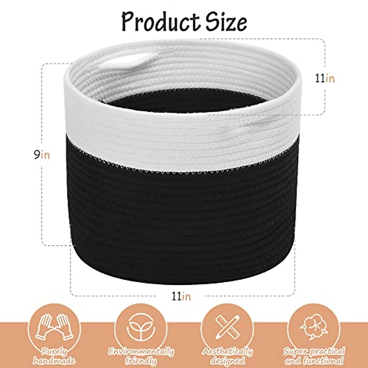 BNDSKLAI Cotton Rope Storage Baskets 11 x 11 x 9 inches, Cube Shelf Storage Organizer for Laundry, Towel, Clothes, Books, Shelves(White/Black, 2Pack)