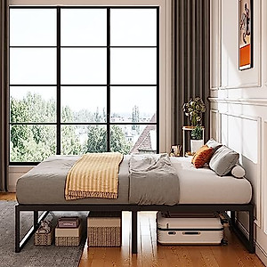 XINXINYAN 16 Inch Queen Bed Frame, No Box Spring Needed, Heavy Duty Metal Platform Queen Size Bed Frame, Strong Steel Slats Support, Noise Free, Easy Assembly, Black