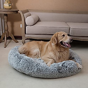 Coohom Oval Calming Donut Cuddler Dog Bed,Shag Faux Fur Cat Bed Washable Round Pillow Pet Bed(30"/36"/43") for Small Medium Dogs (XL(36"x27"x7"), Grey)