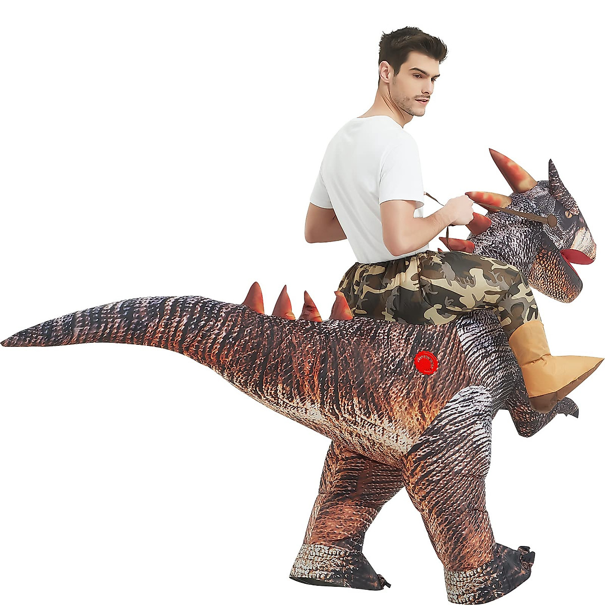GOOSH Inflatable Dinosaur Costume Riding stegosaurus for Adult Halloween Costume Women Man 72IN Funny Blow up Costume for Halloween Party Cosplay