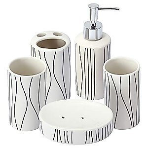 LUEUR 5 Pieces Ceramic Bathroom Accessories Set Includes Soap Dispenser, Soap Dish, 2 Tumblers, Divided Toothbrush Holder w/ Striped Line Printed