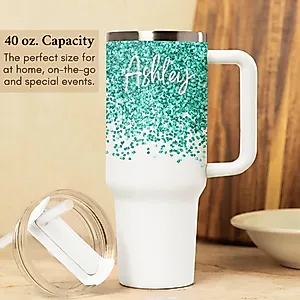 Personalized 40 oz Tumbler With Handle And Straw Lid Glitter - Dishwasher Safe Stainless Steel Insulated Travel Mug - Custom Name Tumbler Gift For Women Mom Friend Teacher Nurse Her Birthday Christmas