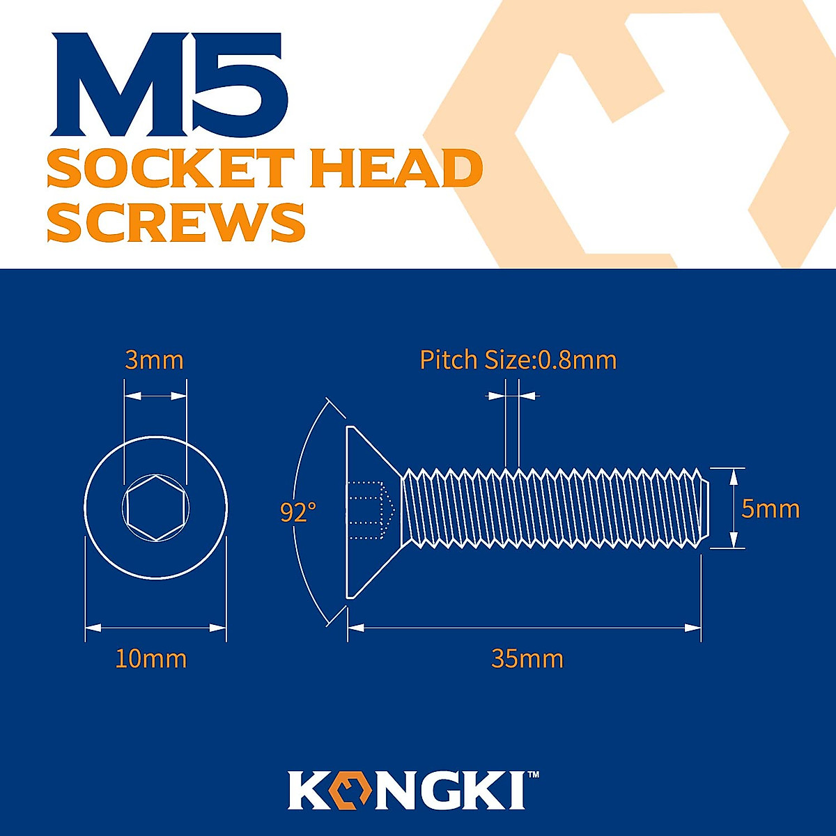 KONGKI M5-0.8 x 35mm Flat Head Socket Cap Screws, 304 Stainless Steel (18-8), DIN 7991, Allen Socket Drive,Full Thread, Machine Thread, 30 PCS