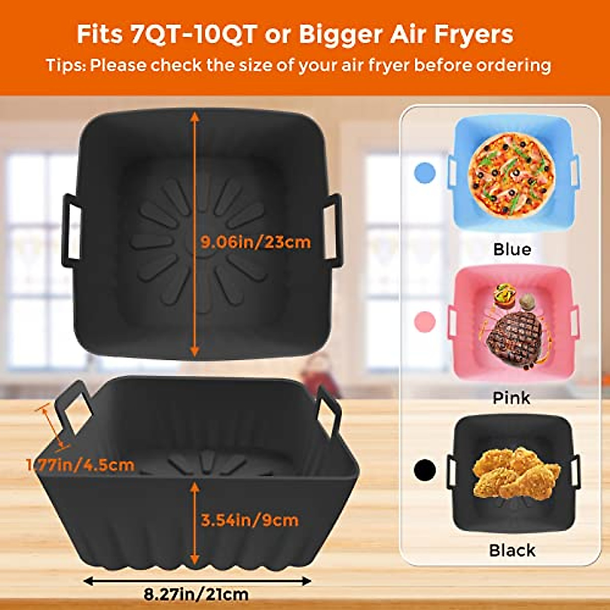 Square Air Fryer Liners Silicone, 9 IN 6 to 10 QT Food Grade Reusable Heat Resistant Silicone Air fryer Bowls Inserts Baskets Pots Accessories for COSORI Instant Vortex Air Fryer Oven Microwave