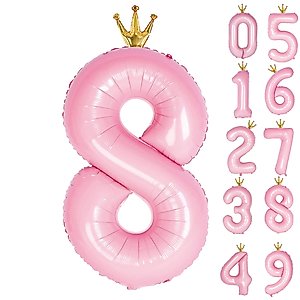 Gifloon Number 8 Balloon with Crown, Large number balloons 40 inch, 8th Birthday Party Decorations Supplies 8 Year Old Birthday Sign Decor, Pink