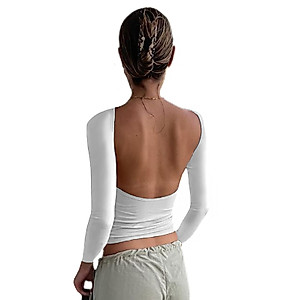 Women's Backless T-Shirts Y2K Crop Top Solid Casual Long Sleeve Sexy Vintage Cut Out 2023 Summer Fashion (Long-Sleeve-White, Small)