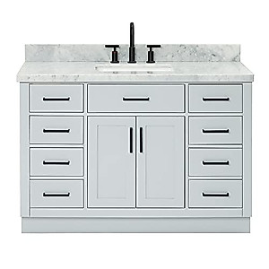 ARIEL Bathroom Vanity 49" Grey 1.5" Edge Italian Carrara Marble Countertop & Splash, Rectangular Sink, 2 Soft Closing Doors, 9 Full Extension Dovetail Drawers, Toe Kick, Matte Black