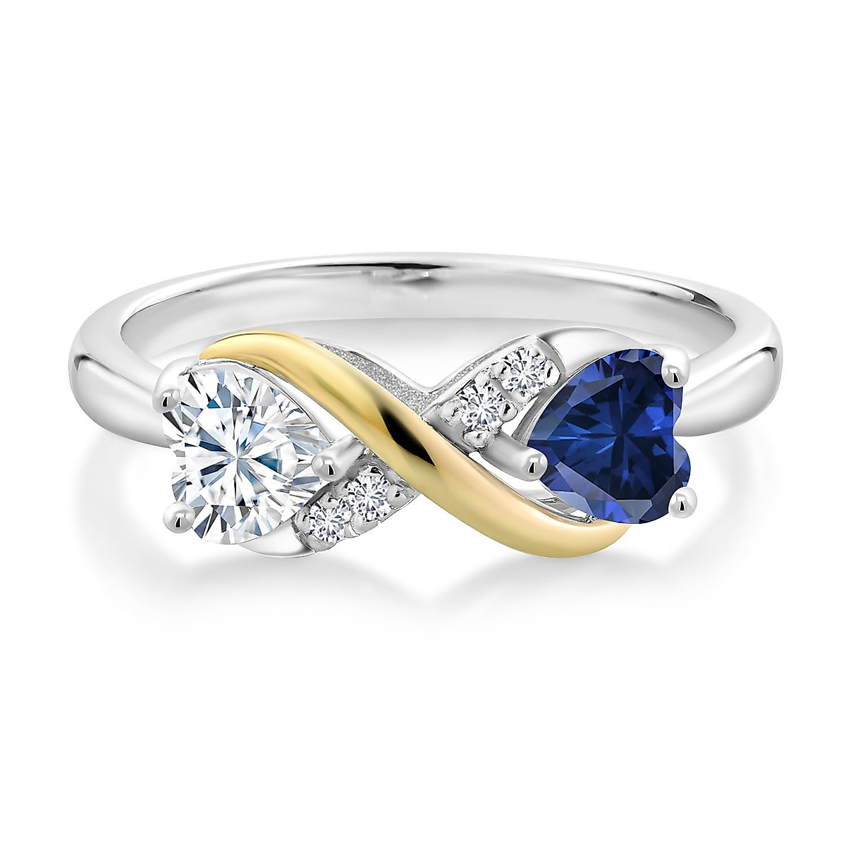Gem Stone King 925 Sterling Silver and 10K Yellow Gold Blue Created Sapphire and White Moissanite (0.96 Cttw, Heart 5MM, Available In Size 5, 6, 7, 8, 9)