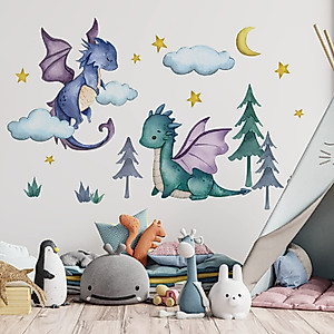 Yovkky Baby Dragon Wall Decals Stickers, Moon Stars Clouds Forest Nursery Playroom Decor, Kids Room Home Decorations Boys Bedroom Art
