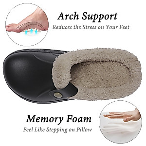 ChayChax Waterproof Slippers Women Men Fur Lined Clogs Winter Garden Shoes Warm House Slippers Indoor Outdoor Mules, Black 1, 8.5-9 Women/7.5-8 Men