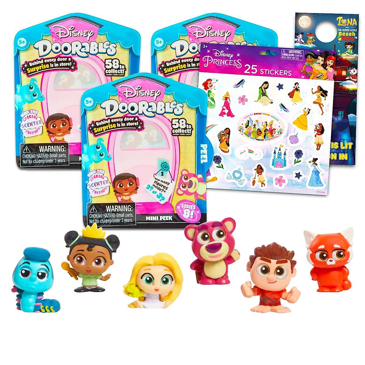 Disney Doorables Mega Pack - Bundle of 3 Disney Doorables Mini Peek Figures for Kids and Adults Plus Palace Pets Stickers | Disney Collectibles Toys