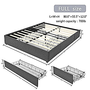 Alohappy Full Size Platform Bed Frame with 3 Storage Drawers,Upholstered Mattress Foundation with Wooden Slats Support,No Box Spring Needed,Modern Style(Dark Grey)