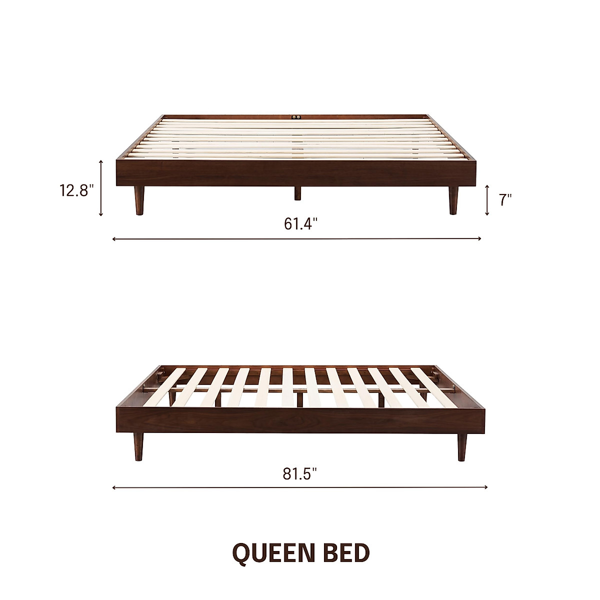 NTC Fly Wooden Bed Frame Without Headboard, Crafted from Walnut, Rubber Wood with Silent Slats and Wood Central Supports, 1000 Lb Capacity, Effortless Assembly, Queen - Dark Walnut