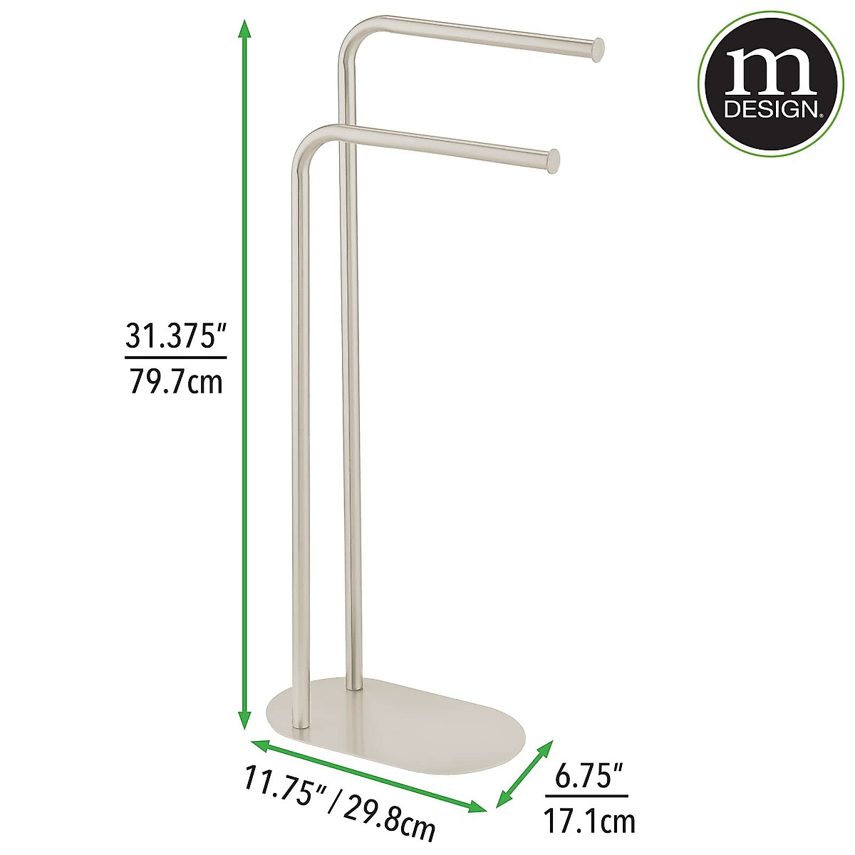 mDesign Tall Stainless Freestanding Towel Rack Holder - 2 Tier Minimalist Pedestal Hanger Holders for Kitchen and Bathroom - Racks for Bath, Hand, Dish, and Tea Towels or Washcloths - Satin