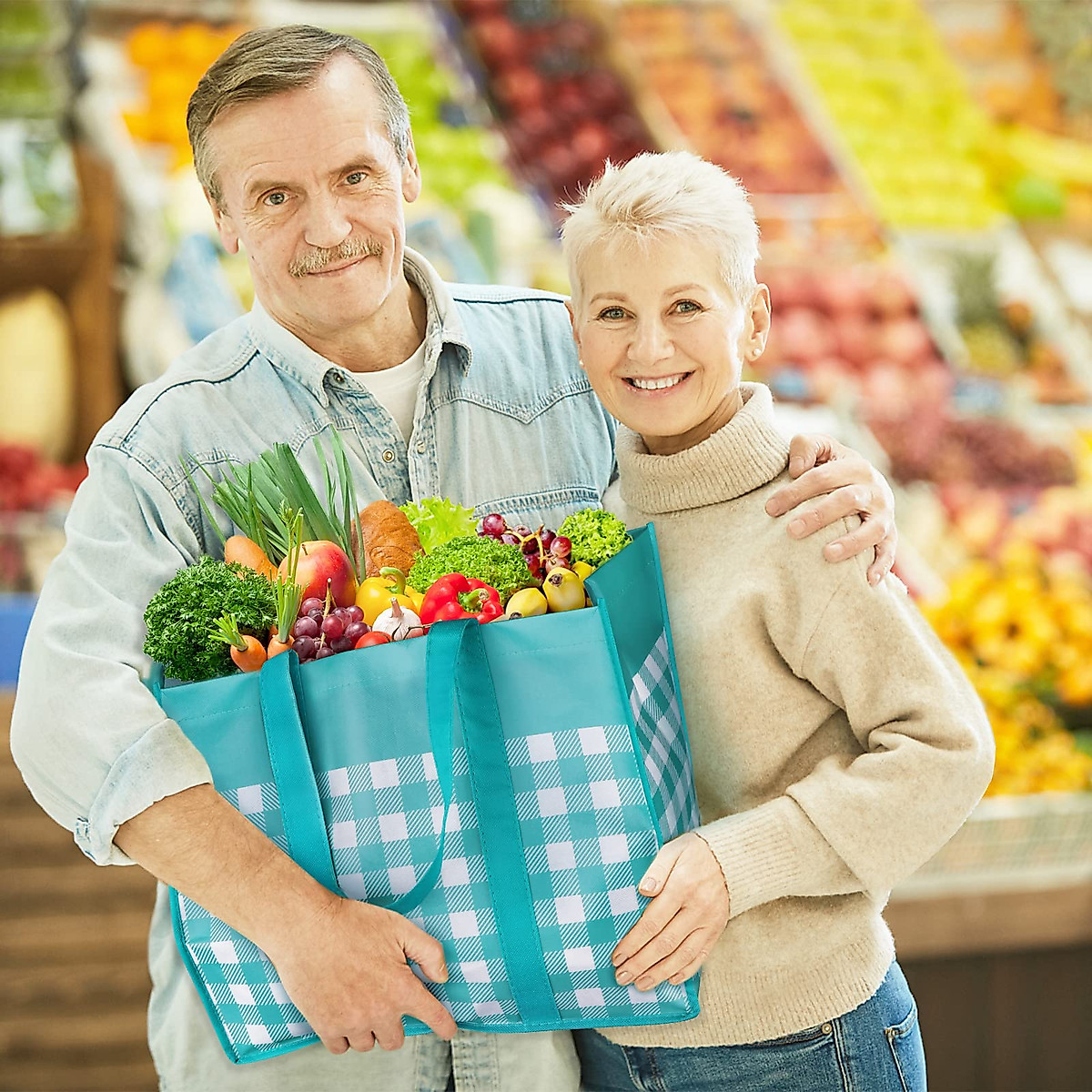 StorMiracle Reusable Grocery Bags 10-Pack, Large Foldable Reusable Shopping Tote Bags Bulk for Groceries, Waterproof Kitchen Cloth Produce Bags with Long Handles, Durable and Lightweight-Plaid Style A