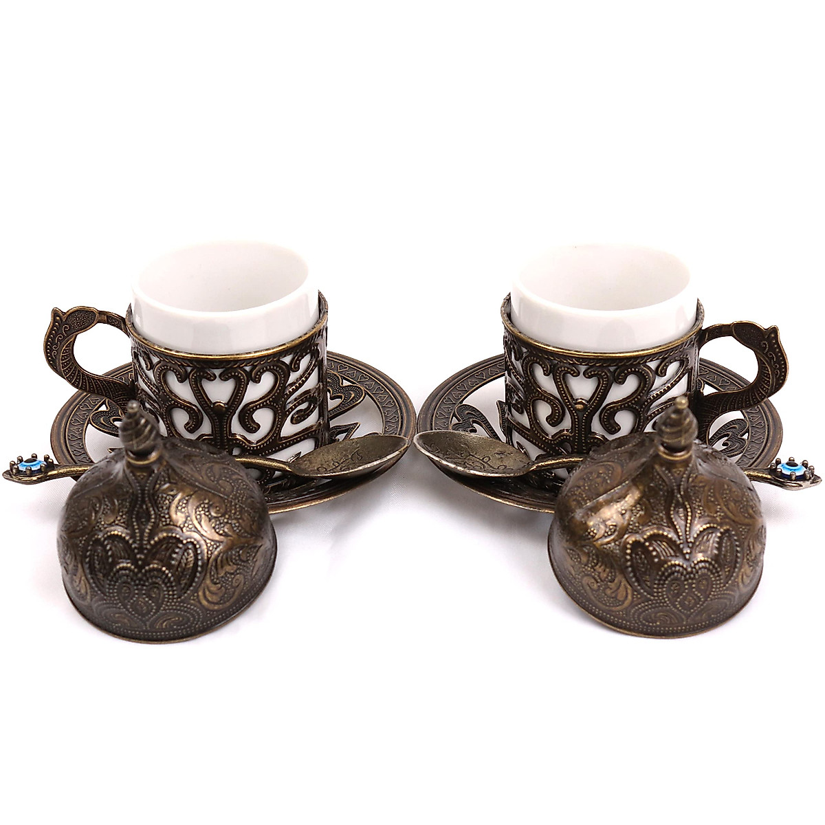 HeraCraft Antique Bronzed Color Turkish Coffee Serving Full Set - with Turkish Coffee Multi Serving Tray 6 oz Coffee Pot 2pcs Cups Lids Tray Sugar Bowl Spoons - Best Gift Set