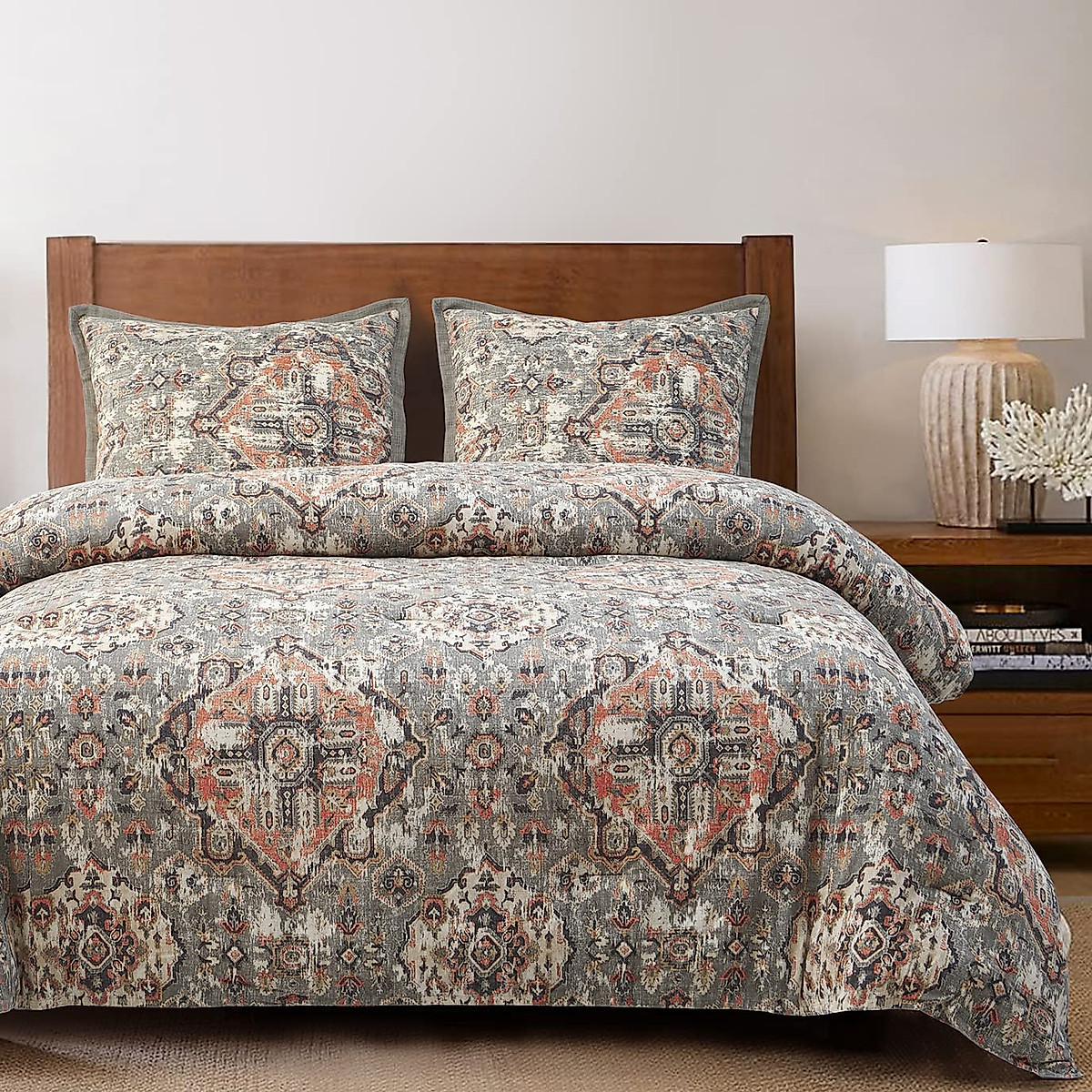 HiEnd Accents Carmen Kilim 3 Piece Duvet Cover Set with Pillow Shams, Gray Medallion Pattern, King Size, Classic Traditional Modern Rustic Bedding, Linen Duvet Cover with 2 Pillowcases