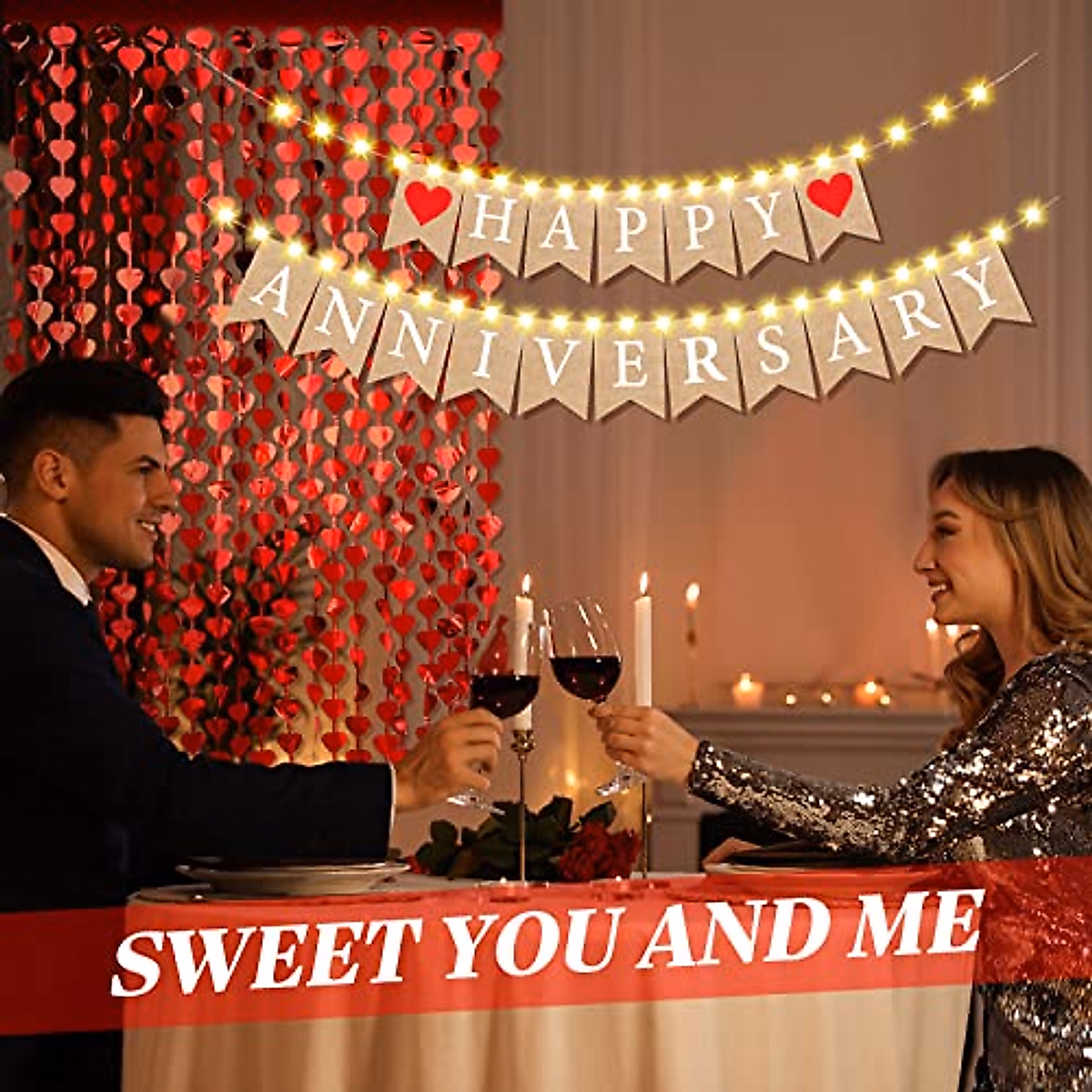 Breling 6 Pieces Burlap Happy Anniversary Banner Party Bunting Garland Decorations Wedding Decoration Supplies Hanging Red Heart Streamer with LED Lights, M
