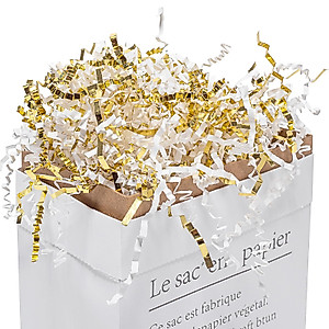 Mcfleet 1 LB Crinkle Cut Paper Shred Filler White & Gold Crinkle Paper Shredded Paper for Gift Box - Gift Basket Filler - Gift Box Stuffing for Christmas, Halloween Packaging Wrapping