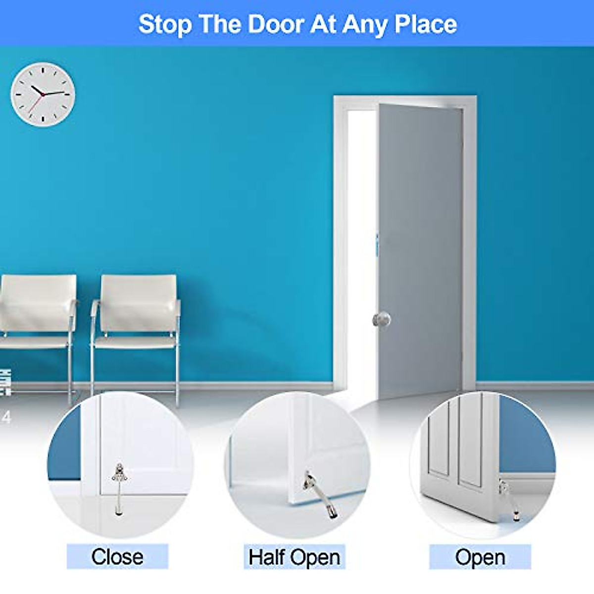 4 Pack Kickdown Door Stop, Heavy Duty Door Stopper with Rubber Tip and Spring Lever, Adjustable, Easy to Set Down and Release