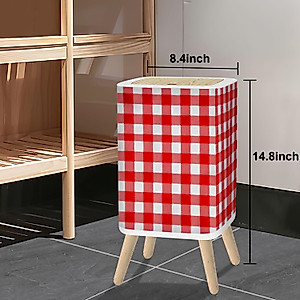 Small Trash Can with Lid Red Gingham Seamless Pattern Texture from Rhombus Squares for Plaid 2.6 Gallon/10L Garbage Can Waste Bin with Pop-Up Lid Wood Legs Wastebasket for Bathroom Kitchen Bedroom