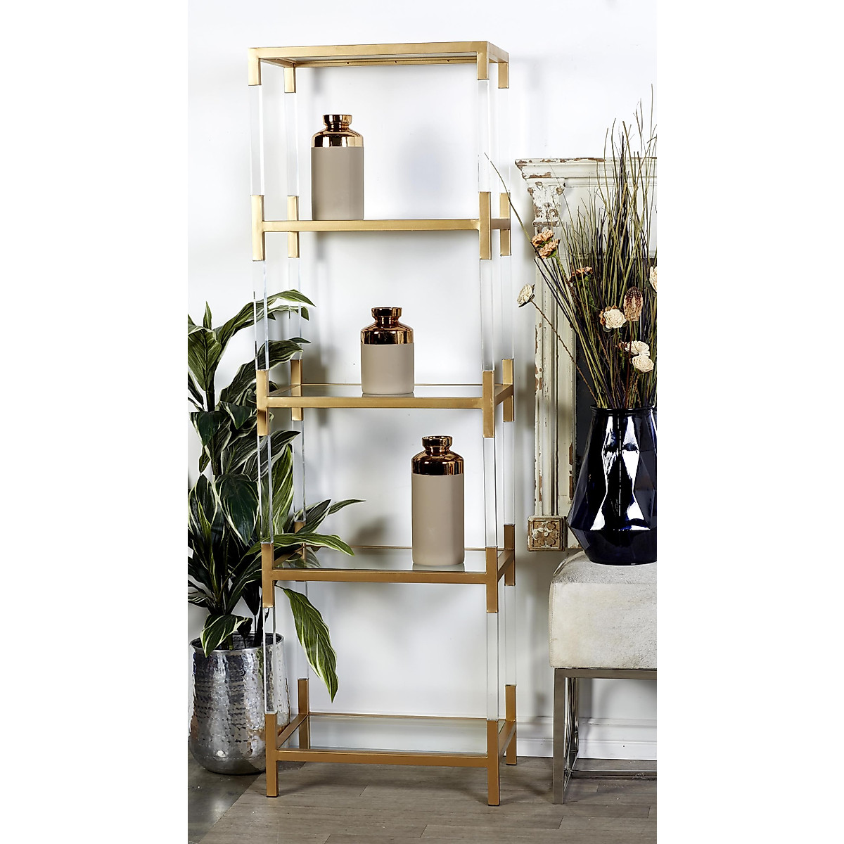 Deco 79 Metal Minimalistic 5 Tier Shelving Unit with Clear Glass Shelves and Acrylic Legs, 22" x 15" x 69", Gold