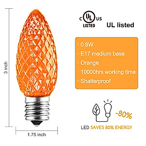 25 Pack C9 Led Replacement Halloween Light Bulb, Orange C9 Shatterproof Led Bulb for Halloween String Light, E17 Intermediate Base, Commercial Grade Dimmable Bulbs