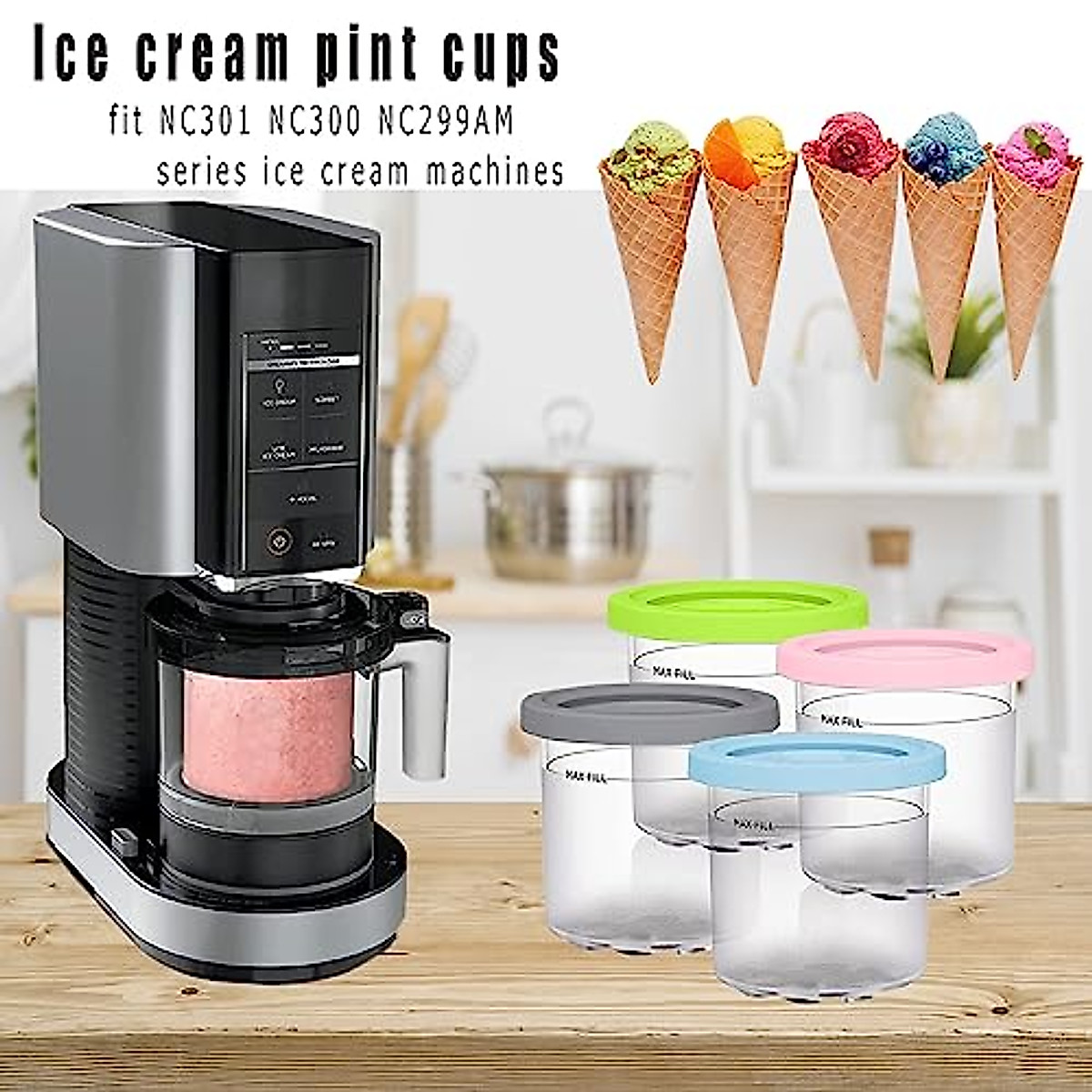 Wzvzss Ice Cream Pint Cups, Ice Cream Containers with Lids for Ninja Creami Pints, Ice Cream Pint Kitchen Accessories for NC301 NC300 NC299AM Series Ice Cream Machines, Sealed and Leak-proof (2 pcs-A)