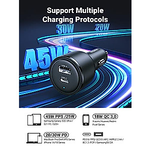63W USB C Car Charger Adapter, UGREEN PSS 45W Super Fast Charging Type C Car Charger with 3.3FT 5A Cable, Dual USB Car Charger Compatible with Samsung Galaxy S23/S22/S21 Series, iPhone/iPad/MacBook