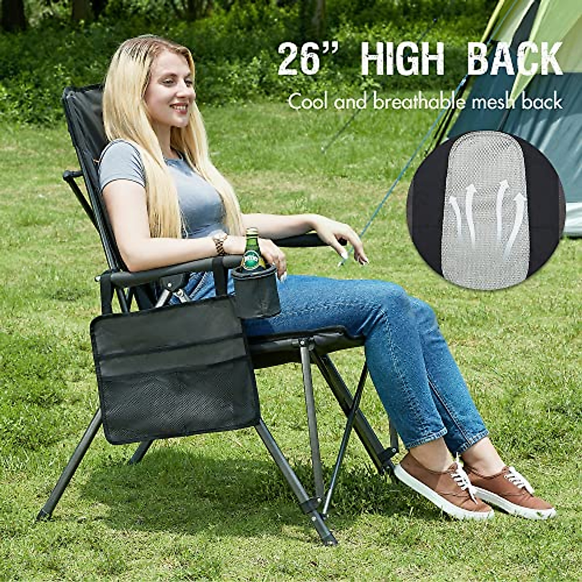PORTAL Oversized Folding High Back Lawn Chairs Portable for Adults Outside Hard Armrest Cup Holder Carrying Strap for Camp Soccer Sports, Supports 400LBS, Black