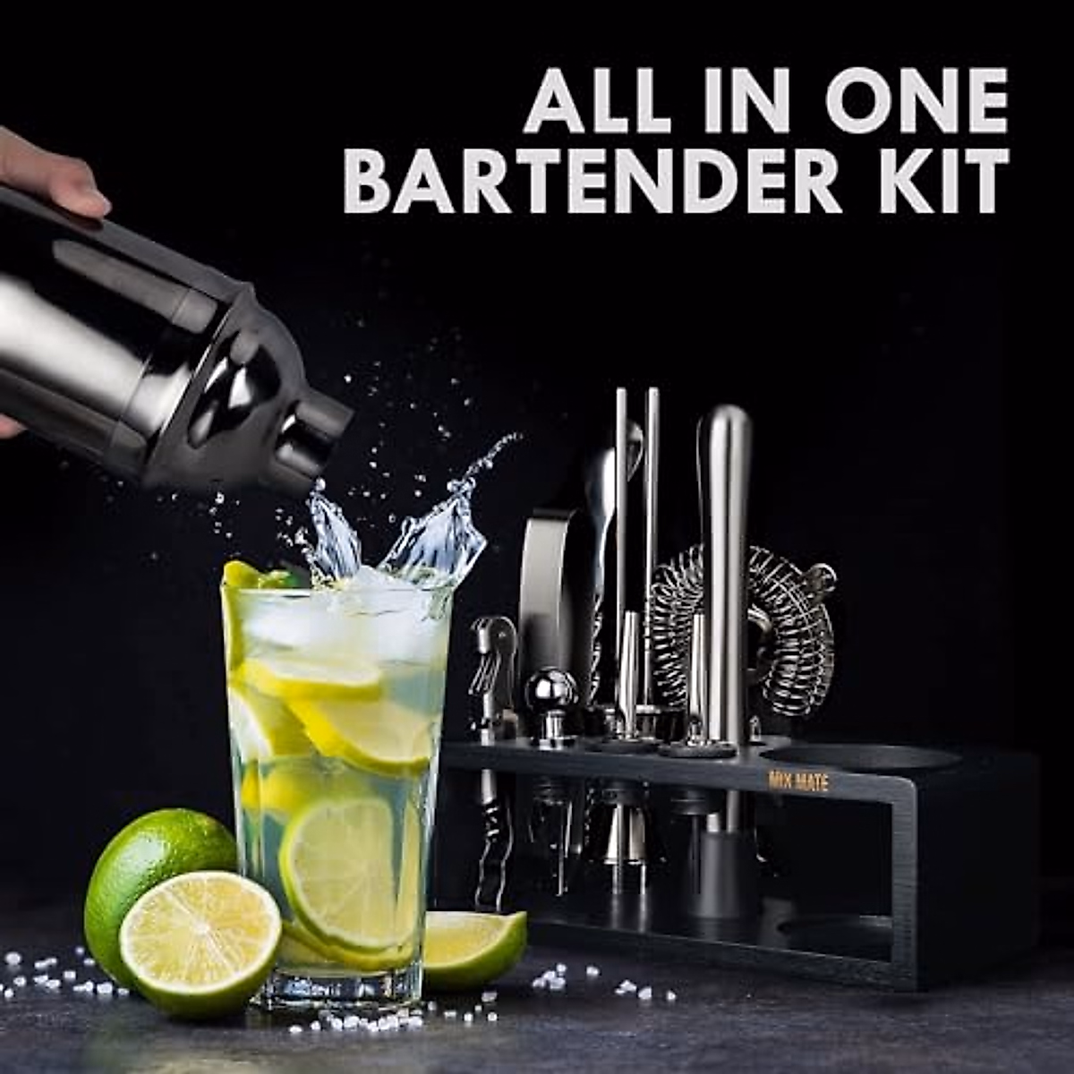 Black Stainless Steel Cocktail Shaker Set with Wood Stand - 15 Piece Bartender Kit with Drink Shaker, Bar Spoon, Jigger, Muddler, Strainer, Bottle Opener, Stopper, Pour Spout, Stirrers, Tongs, Recipes