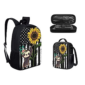 Suhoaziia 3PCS Cute Sloth Sunflower Black White American Flag Girls School Backpack, Student Toddler Bookbag Lunch Bags Shoulder Laptop Bag for Womens Pencil Cases Holders for Adults
