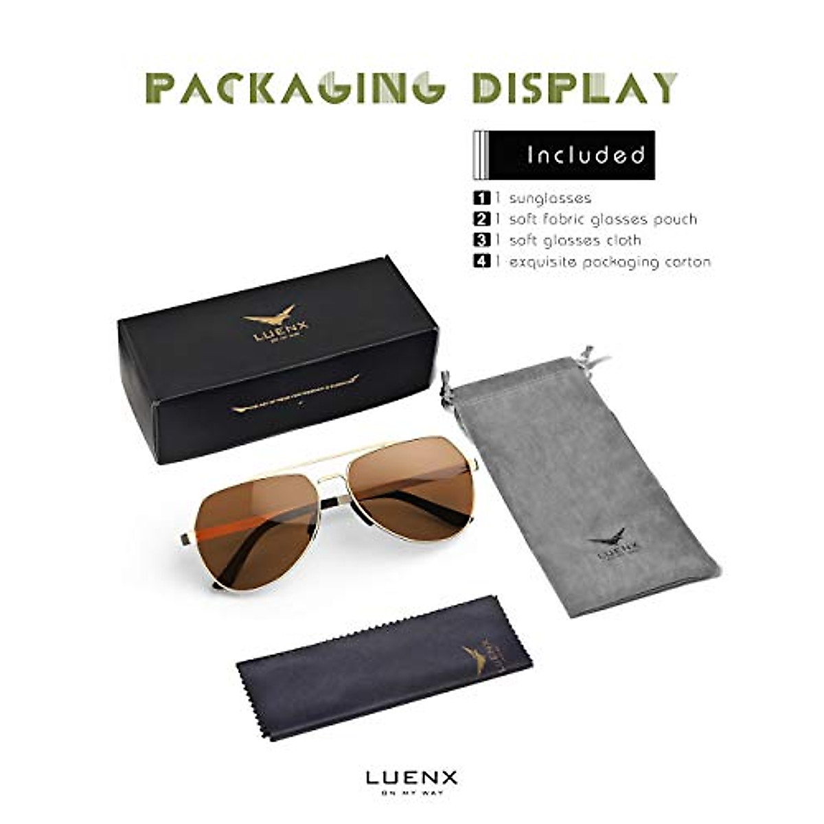 LUENX Men Women Aviator Sunglasses Polarized Shades Flexible Spring Hinge - Brown Lens Gold Metal Frame Large 60mm