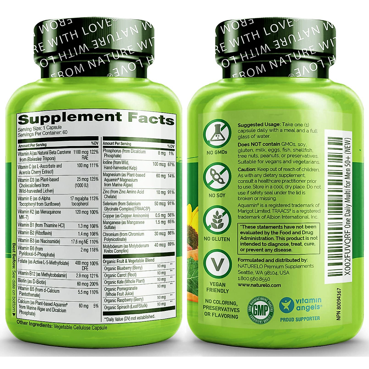 NATURELO Mens Multivitamins for Men 50+ - One Daily Multivitamin for Men with Vitamins, Minerals & Organic Whole Foods Non-GMO, 60 Vegetarian Capsules