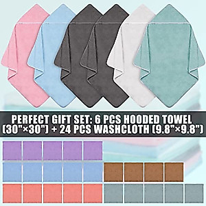 30 Pcs Baby Bath Towels Set Include 6 Baby Hooded Towels 30 x 30 Inch and 24 Baby Washcloths 9.5 x 9.5 Inch Coral Fleece Baby Bath Towels Absorbent Soft Washcloths for Baby Toddler Infant Shower Gift