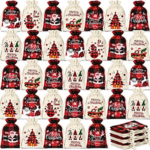 Huhumy 60 Pcs Christmas Burlap Bags with Drawstring Plaid Party Favor Gift Bags Mini Candy Goodies Bag Black and Red Plaid Treat Bags for Christmas Party Birthday Supplies (5 x 7 Inch)