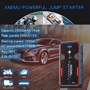 XNEMU Car Jump Starter, 2000A Peak 20000mAh (Up to 8.0L Gas or 6.5L Diesel Engine) 12V Auto Booster Battery Pack Jump Box with Quick Charger Smart Jump Cables