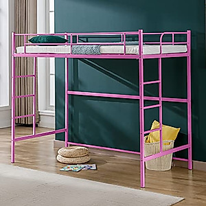 cuoote Metal Twin Size Loft Bed Frame, Multifunctional Twin Size Loft Bed with Ladder and Guardrail, Space-Saving Design, No Box Spring Needed, Modern Industrial Style, Pink