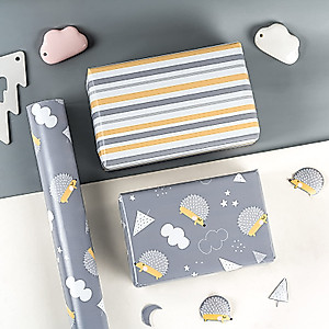 WRAPAHOLIC Reversible Baby Shower Wrapping Paper - Mini Roll - 17 Inch X 33 Feet - Cute Hedgehogs and Stripes Design for Birthday, Holiday, Party
