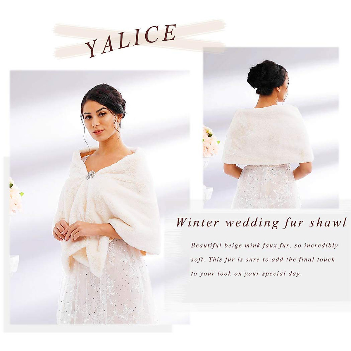 Yalice Wedding Faux Fur Shawl and Wrap Bridal Fur Stole Cape Fur Scarf for Bride and Bridesmaids (Beige)